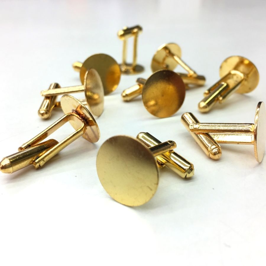 Cuff Link Blanks w/ 15mm Flat Pad, Gold-Plated (12 Pieces)